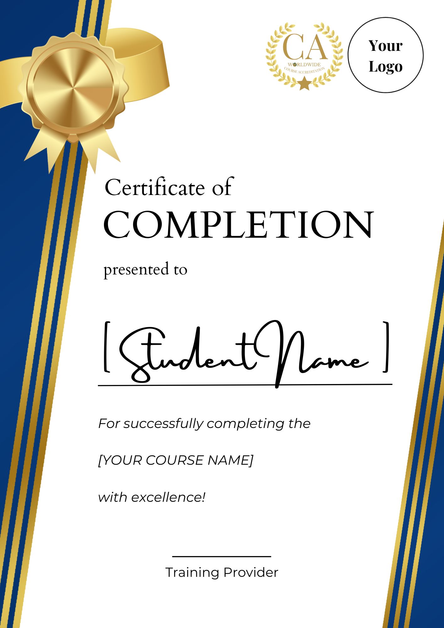 Blue Academy Certificate of Course Completion Editable Template ...