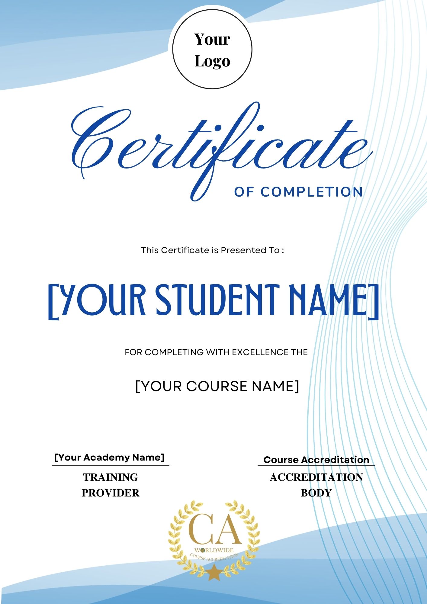 Baby Blue Academy Certificate of Course Completion Editable Template ...